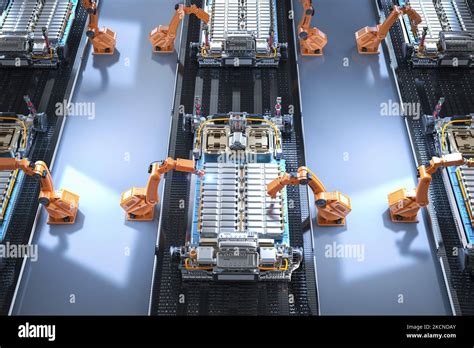 Automation Automobile Factory Concept With 3d Rendering Robot Assembly Line With Electric Car