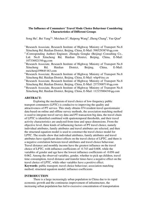 Pdf The Influence Of Commuters Travel Mode Choice Behavior Considering Characteristics Of