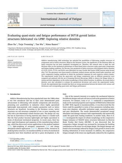 Pdf Evaluating Quasi Static And Fatigue Performance Of In718 Gyroid Lattice Structures