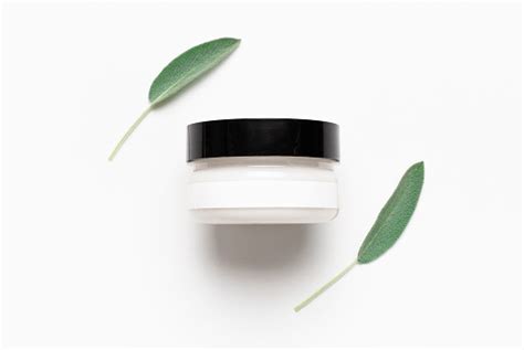 크림과 로션이 있는 화장품 용기 흰색 배경에 허브 세이지 잎이 평평한 평면도를 놓습니다 화장품 Spa 브랜딩 모형 자연의