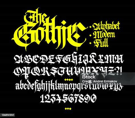 현대 고딕 전체 영어 알파벳 벡터 중세 어퍼 케이스 와 소문자 라틴어 문자 디자인에 대한 징후와 기호 고대 유럽 스타일 서예와 글자 숫자 가공의 인물에 대한 스톡 벡터 아트