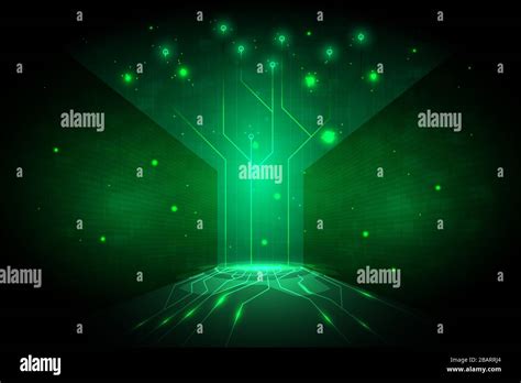 Abstract Technology Background With Binary Code Wall Glowing Green Circuit Pattern And Sparkle