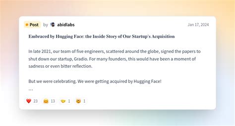 Abidlabs On Hugging Face 𝐄𝐦𝐛𝐫𝐚𝐜𝐞𝐝 𝐛𝐲 𝐇𝐮𝐠𝐠𝐢𝐧𝐠 𝐅𝐚𝐜𝐞 𝐭𝐡𝐞 𝐈𝐧𝐬𝐢𝐝𝐞 𝐒𝐭𝐨𝐫𝐲