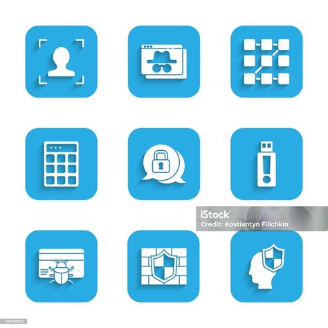 사이버 보안 벽돌 벽이 있는 방패 헤드 쉴드 Usb 플래시 드라이브 신용 카드의 시스템 버그 암호 보호 그래픽 암호 및 얼굴 인식 아이콘을 설정합니다 벡터 Usb 케이블에