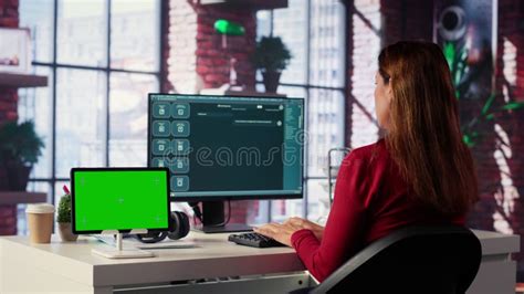 Woman Interacting With Intelligent Ai Chatbot On Pc Next To Mockup Display Stock Footage Video