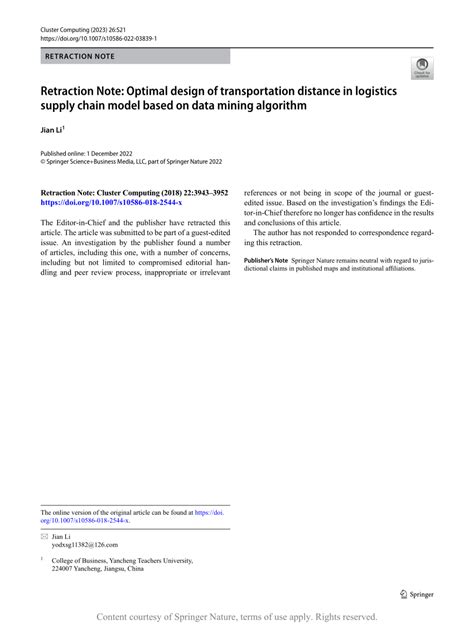 Retraction Note Optimal Design Of Transportation Distance In Logistics Supply Chain Model Based