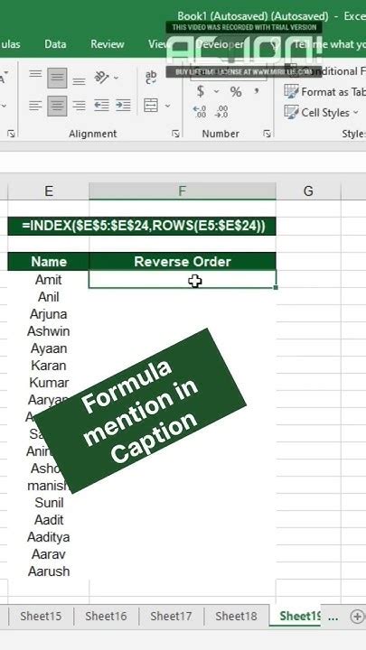 Reverse Order Data Formula Viralvideo Exceltips Excelgyan Youtube
