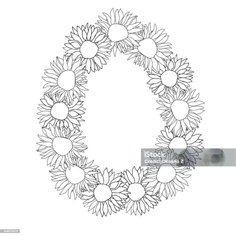 해바라기 부활절 달걀 프레임 배경 봄 휴가를 위해 손으로 그린 꽃 요소 색칠 페이지를 위한 흑백 라인 아트 구성 카드 또는 초대장에 대한 벡터 일러스트레이션 검은색에 대한