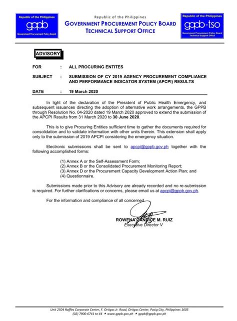 Submission Of Cy 2019 Agency Procurement Compliance And Performance Indicator System Apcpi