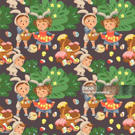 원활한 패턴 여자 그녀의 드레스에 닭 토끼 귀 머리 띠와 앞치마 행복 한 소년 부활절 토끼 마스크 상에 계란 벡터 일러스트 레이 션 흰색 절연 사냥 바구니를 들고 대 아기