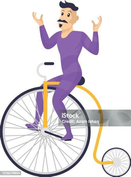 남자 승마 페니 파딩 개념 사이클링 엔터테이너 벡터 아이콘 디자인 서커스 캐릭터 기호 카니발 연기자 사인 축제 극단 스톡 복고풍 전면 큰 바퀴 자전거 일러스트 보통 자전거에