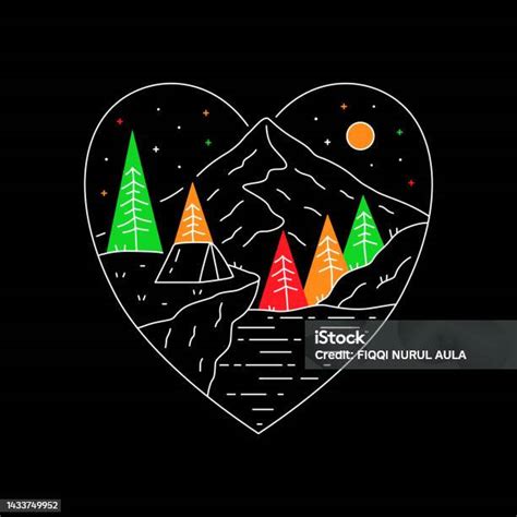 자연 산과 사랑 모양의 절벽에서 캠핑 티셔츠 배지 스티커 등을위한 디자인 강에 대한 스톡 벡터 아트 및 기타 이미지 강 경관 계곡 Istock