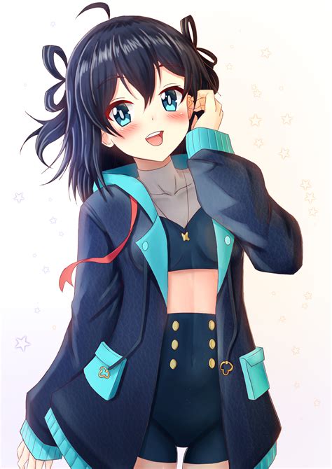 Safebooru 1girl D Ahoge Black Hair Blue Eyes Blue Jacket Blue Shorts