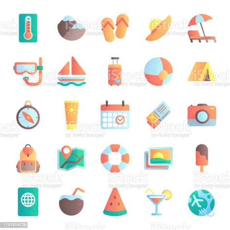 플랫 여름 아이콘입니다 휴가 투어 모래 해변 우산 바다 배 일출과 뜨거운 태양 아이콘 벡터 일러스트 레이 션 세트 아이콘에 대한 스톡 벡터 아트 및 기타 이미지 Istock