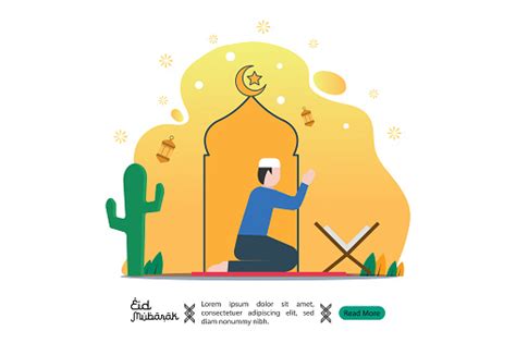 행복 한 Eid 무바라크 또는 문자로 라마단에 대 한 이슬람 일러스트 개념입니다 남자는 엄 숙 하 게 기도 합니다 웹 랜딩 페이지 배너 프레젠테이션 소셜 포스터 광고 프로