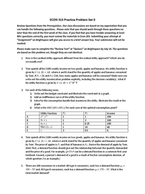 Econ 313 Practice Problem Set 0 Pdf Supply Economics Utility