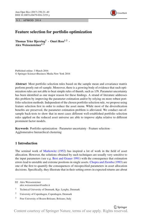 Feature Selection For Portfolio Optimization Request PDF