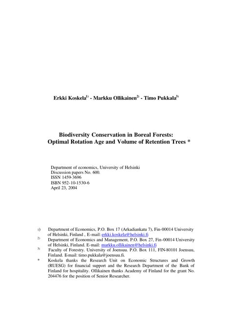 Pdf Biodiversity Conservation In Boreal Forests Optimal Rotation Age And Volume Of Retention
