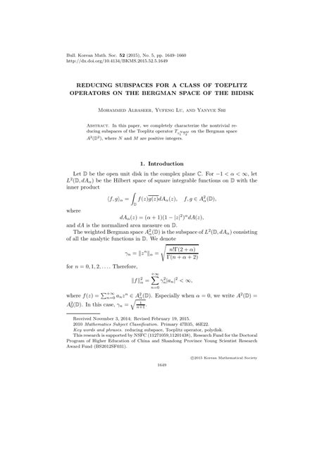 Pdf Reducing Subspaces For A Class Of Toeplitz Operators On The Bergman Space Of The Bidisk