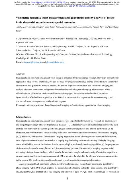Pdf Volumetric Refractive Index Measurement And Quantitative Density Analysis Of Mouse Brain