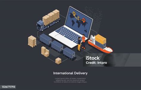 쓰기와 국제 배달 개념 벡터 일러스트 등분 구성 만화 3d 스타일 창고 사업 캐릭터가 악수 세계지도와 노트북 물류 수단 소포