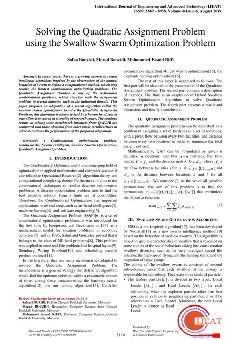 Pdf Solving The Quadratic Assignment Problem Using The Swallow Swarm