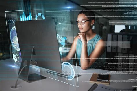 Premium Photo Computer Hologram Hud Thinking And Woman Review Data Analysis Of Earth