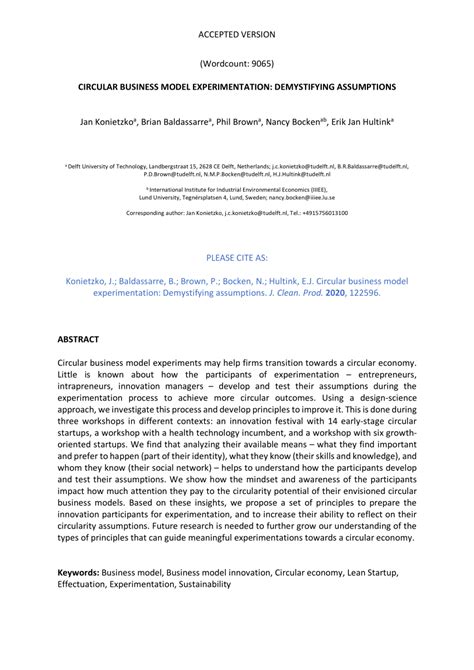 Pdf Circular Business Model Experimentation Demystifying Assumptions