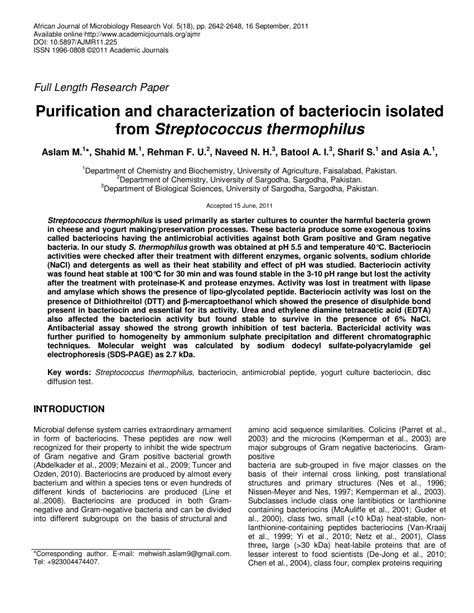 Pdf Purification And Characterization Of Bacteriocin Isolated From Streptococcus Thermophilus