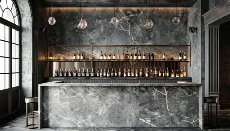 Modern Marble Bar Interior Featuring Stylish Lighting And An Extensive