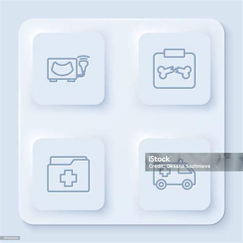 세트 라인 초음파 부러진 뼈 환자 기록 및 구급차 자동차와 X 선 샷 흰색 정사각형 버튼 벡터 X 레이에 대한 스톡 벡터 아트 및 기타 이미지 Istock
