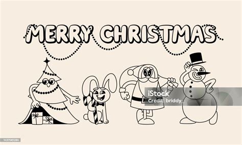 재미 있는 복고풍 그림의 집합입니다 빈티지 스타일의 벡터 문자 그루비 히피 크리스마스 클립 아트 산타 클로스 크리스마스 트리 눈사람 토끼와 선물 크리스마스에 대한 스톡 벡터