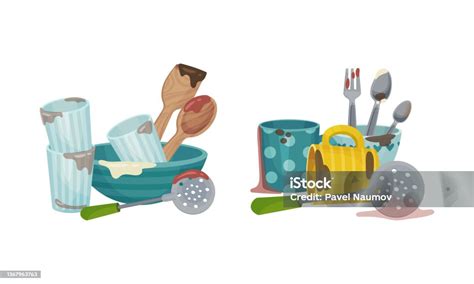 더러운 요리 세트 레스토랑 또는 가정용 주방용품 기구 씻지 않은 안경 머그컵 및 주방 도구 벡터 일러스트레이션 0명에 대한 스톡