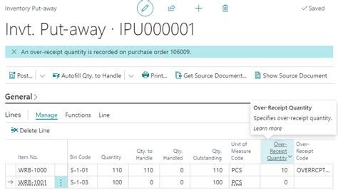 Receive More Items Than Ordered By Using Inventory Put Away Documents