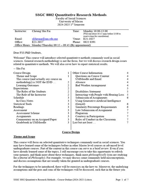Ssgc 8802 Quantitative Research Methods Course Outline 2024 2025 1 Pdf