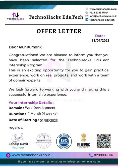 Arunkumar R On Linkedin Technohacks Webdevelopment Intern Internship Offedletter Js