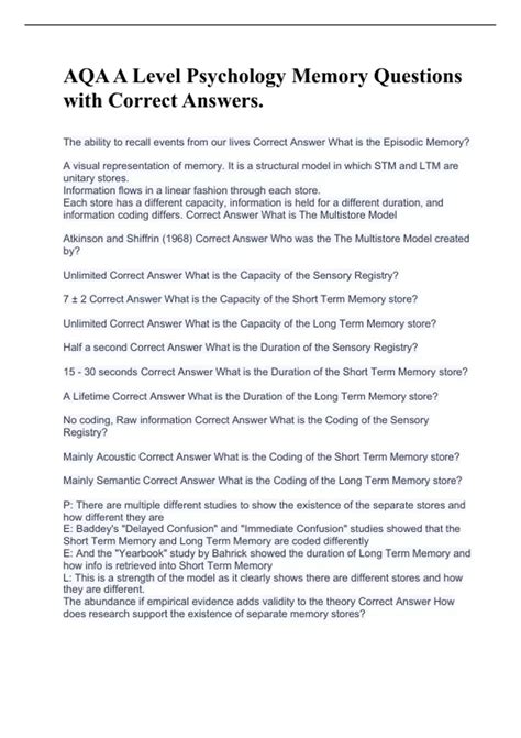 AQA A Level Psychology Memory Questions With Correct Answers AQA A Level Psychology Memory