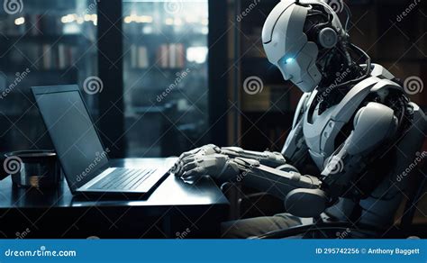 Robot In Office Using Laptop And Sits At Table Humanoid Robot Working In Modern Office Stock