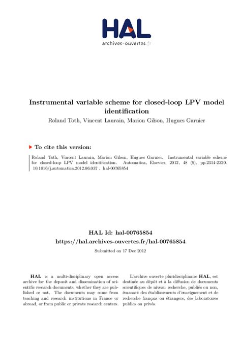 Pdf Instrumental Variable Scheme For Closed Loop Lpv Model Identification