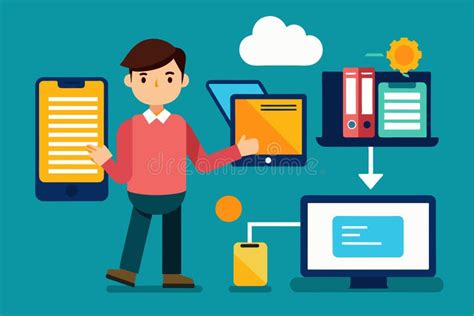 A Young Individual Interacts With Various Devices And Icons Illustrating File Upload Processes