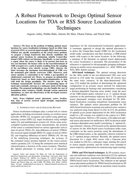 Pdf A Robust Framework To Design Optimal Sensor Locations For Toa Or