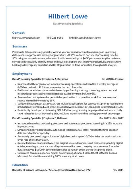 Data Processing Specialist Resume Cv Example And Writing Guide