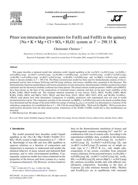 Pdf Pitzer Ion Interaction Parameters For Fe Ii And Fe Iii In The Quinary {na K Mg Cl So4