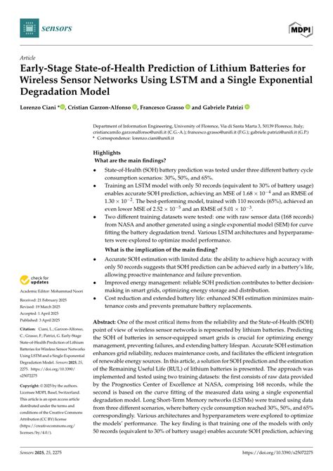 Pdf Early Stage State Of Health Prediction Of Lithium Batteries For Wireless Sensor Networks