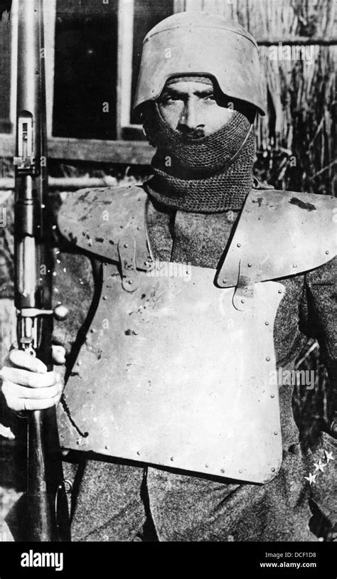 Great War Ww1 Italian Soldier Wearing Body Armor And Helmet Stock