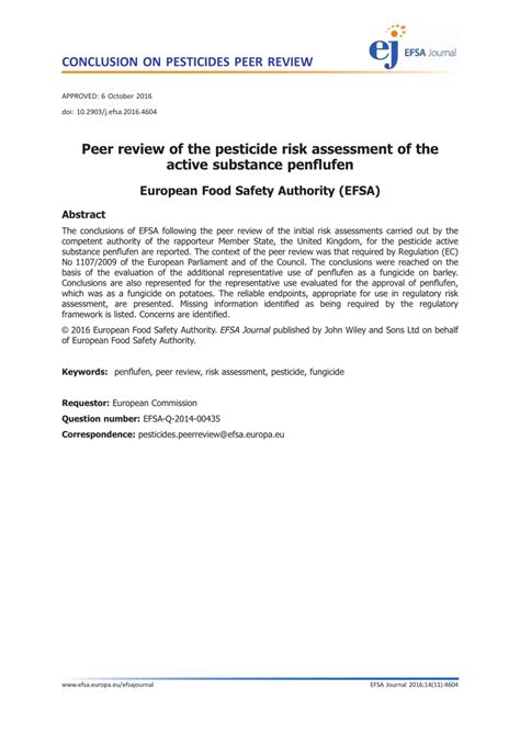 Pdf Peer Review Of The Pesticide Risk Assessment Of The Active Substance Penflufen