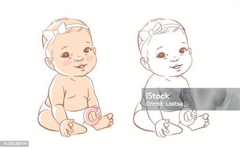 기저귀에 앉아있는 귀여운 아기 소녀 312 개월의 활동적인 아기 첫해 아기 발달 신생아가 앉아서 웃고 있습니다 행복한 건강한 아기 백인 민족 색상 및 선 벡터 세트 아기에