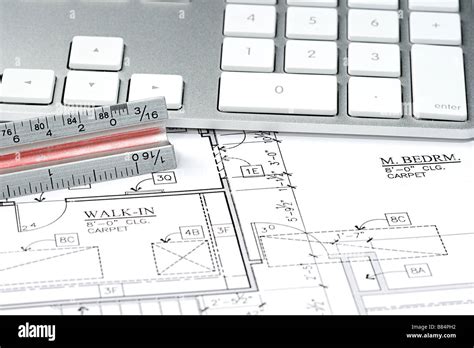 Modern Architect S Office With Blueprint And Computer Keyboard Stock Photo Alamy