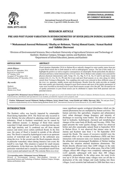 Pdf Pre And Post Flood Variation In Hydrochemistry Of River Jhelum