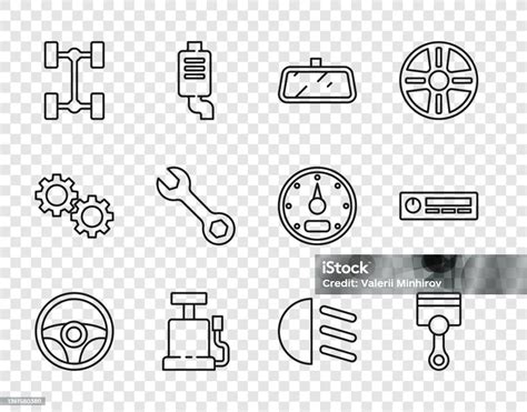 세트 라인 스티어링 휠 엔진 피스톤 자동차 거울 에어 펌프 섀시 자동차 렌치 스패너 하이 빔 및 오디오 아이콘 벡터 거울에 대한